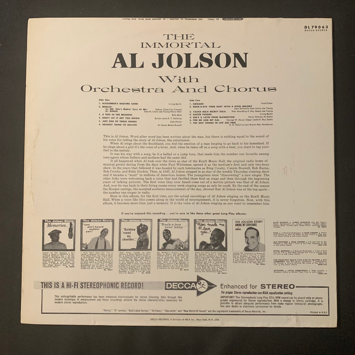 LP Al Jolson 'The Immortal Al Jolson' (1958) VG+/VG+ vinyl record – The ...