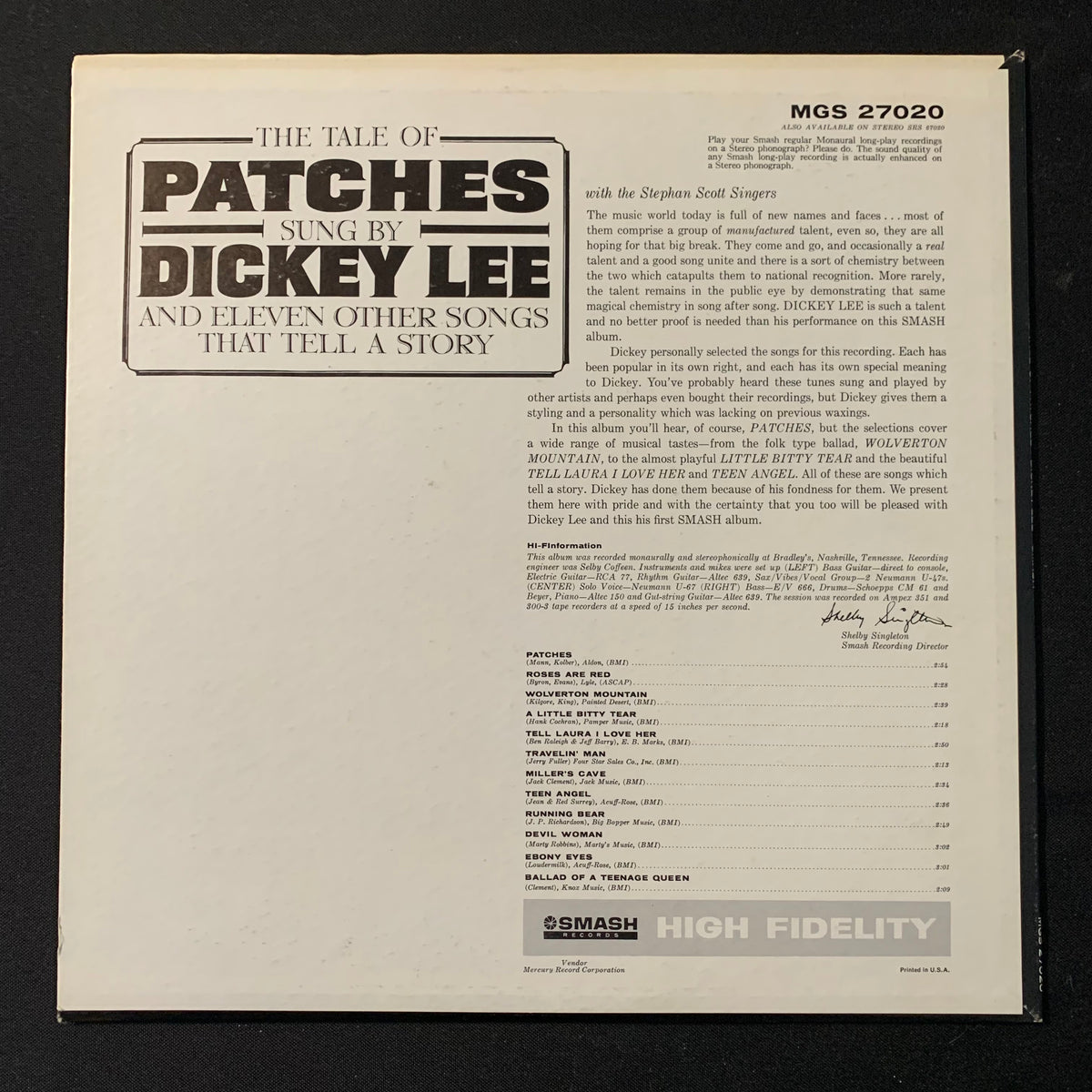 LP Dickey Lee 'The Tale of Patches' (1962) VG+/VG+ vinyl record countr ...