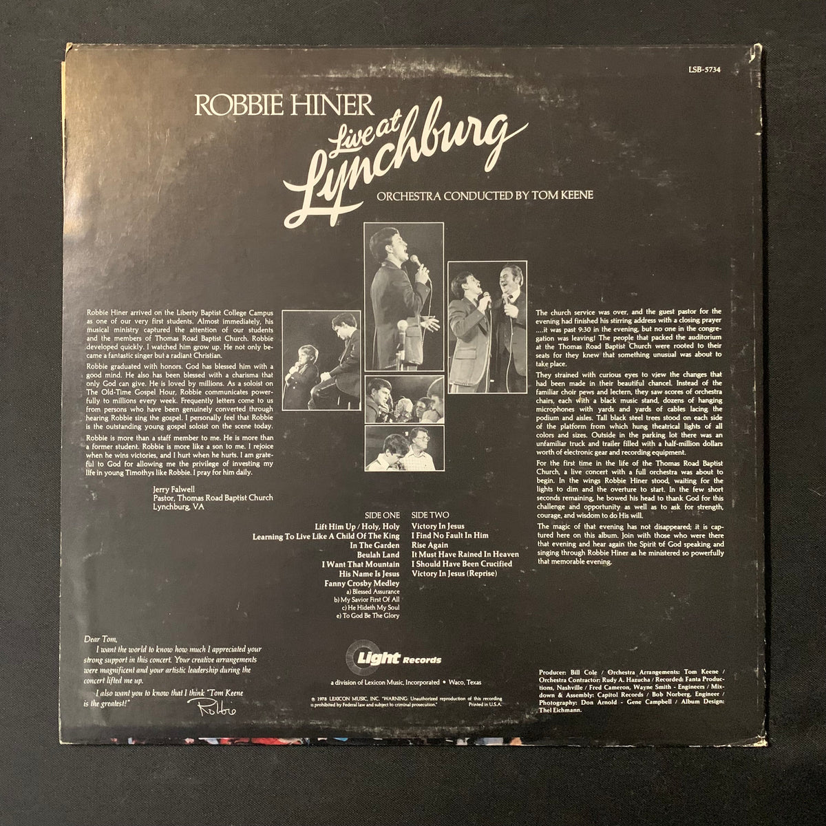LP Robbie Hiner 'Live At Lynchburg' (1978) VG/VG Christian gospel viny ...