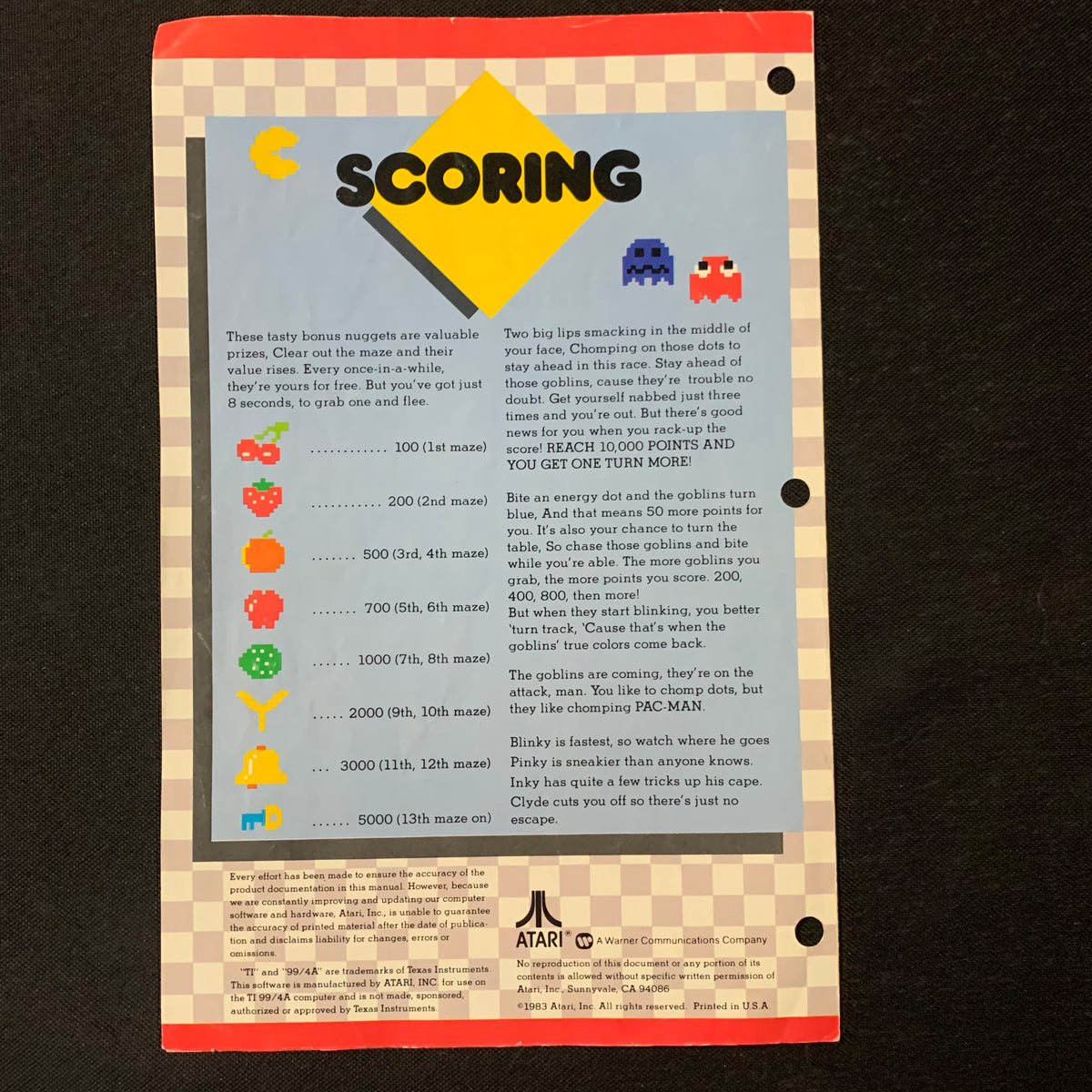 TI 99/4A Pac-Man Atarisoft instruction manual only Texas Instruments ...