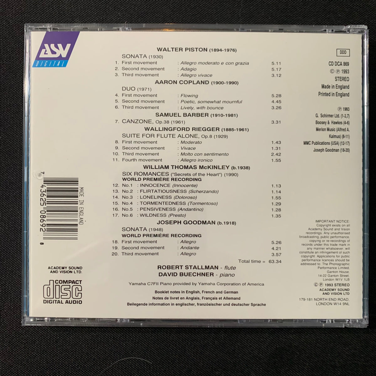 CD Robert Stallman David Buechner 'The American Flute' (1993) Copland ...